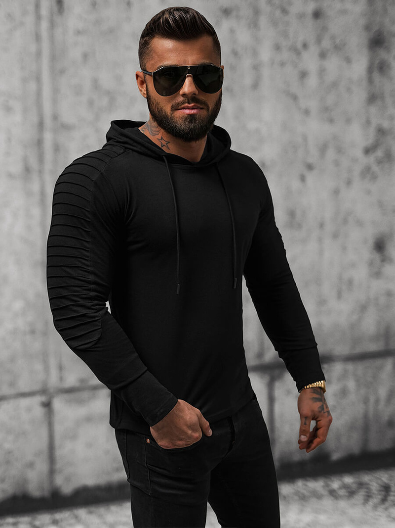Longsleeve męski z kapturem czarny OZONEE O/B258 | OZONEE - Odzieżowy sklep internetowy