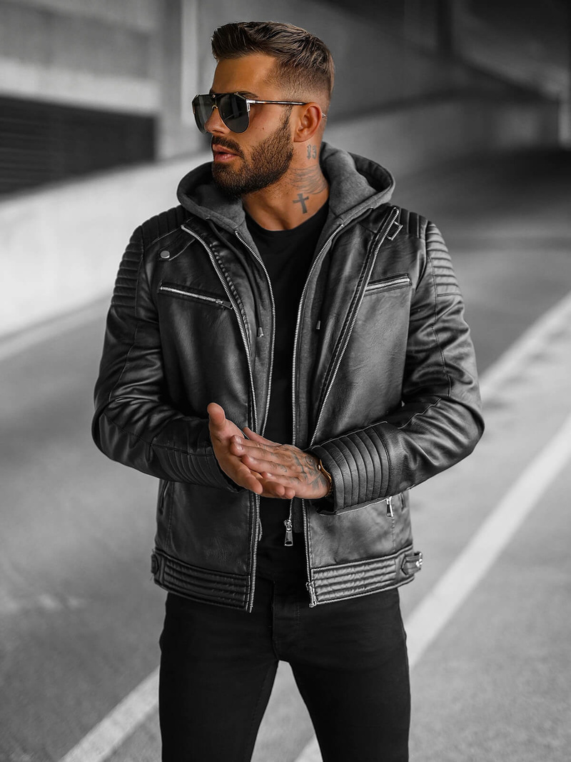 Kurtka skórzana męska czarna OZONEE JS/11Z8063 | OZONEE - Odzieżowy sklep internetowy