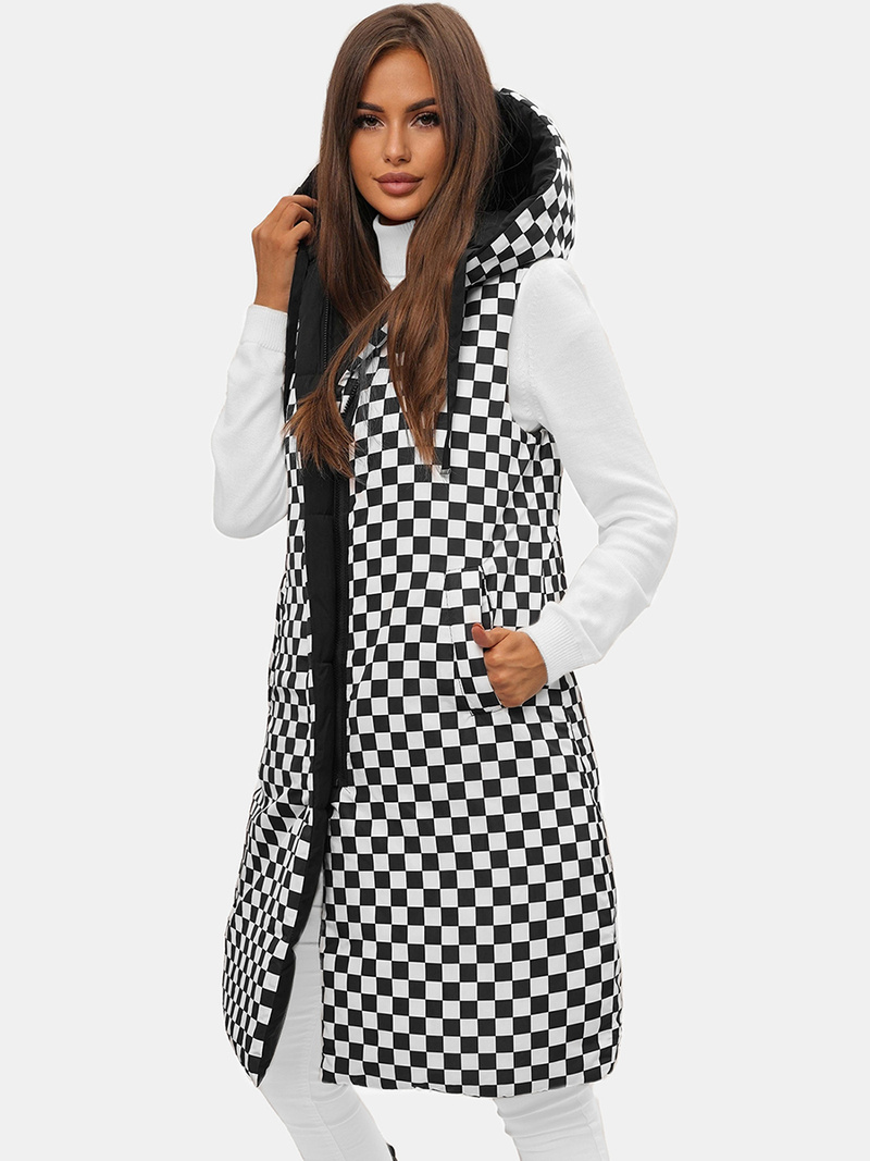 Kamizelka damska dwustronna długa pikowana z kapturem czarna OZONEE O ...