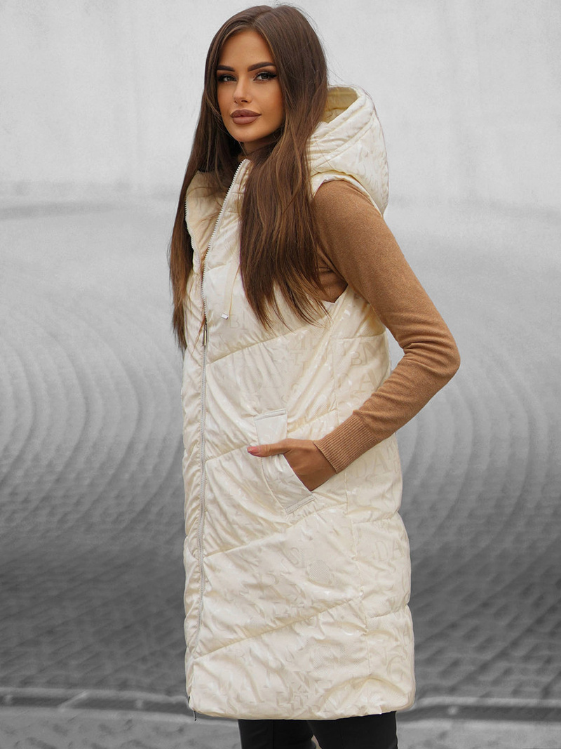 Kamizelka damska dwustronna długa pikowana z kapturem ecru OZONEE O ...